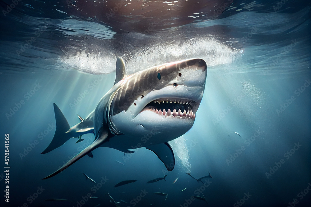 Great white shark swimming towards the camera with its jaws open. The ...