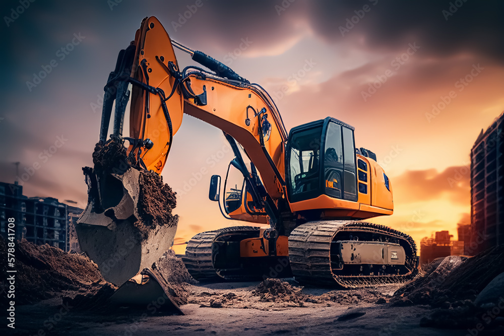 Building demolition work. Excavator on construction site. Futuristic ...