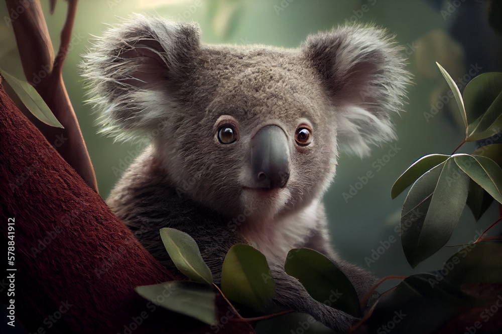 Koala perched on a eucalyptus tree, its fluffy ears and big nose easily ...