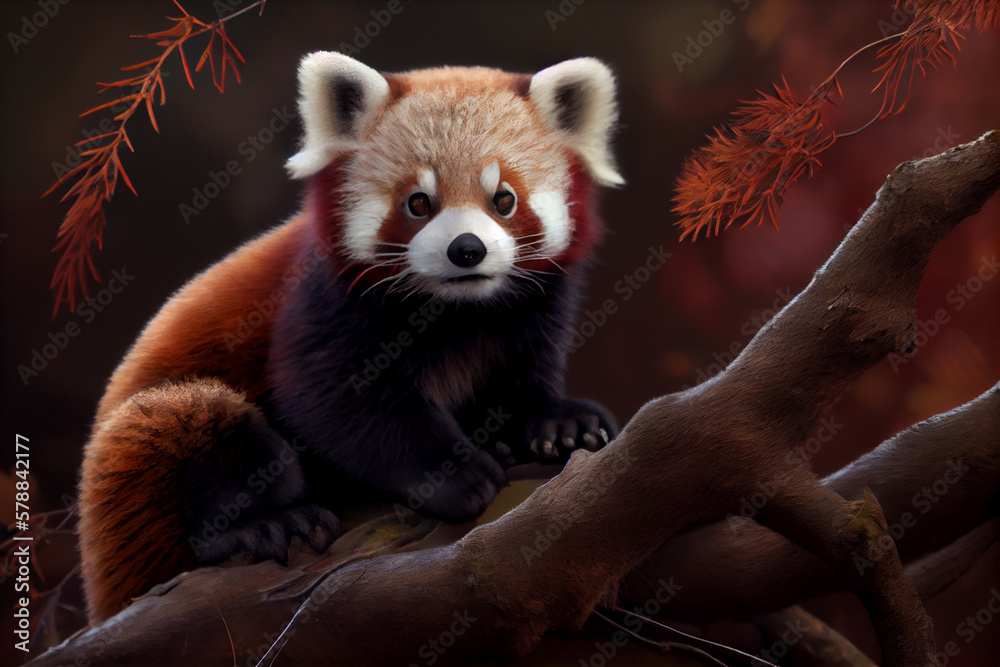 Red panda, sitting on a tree branch with a curious expression on its ...