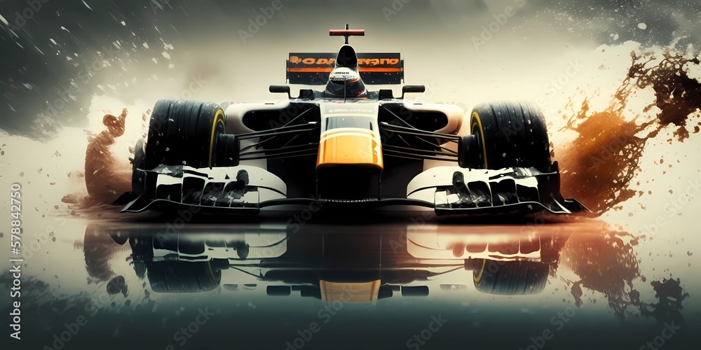 Front view of a F1 race car drifting over a water splash - action ...