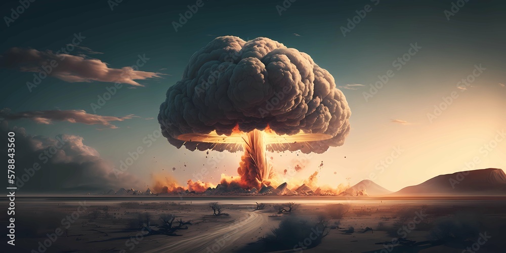 Atomic nuclear bomb exploding during a war crisis. Radioactive weapon ...