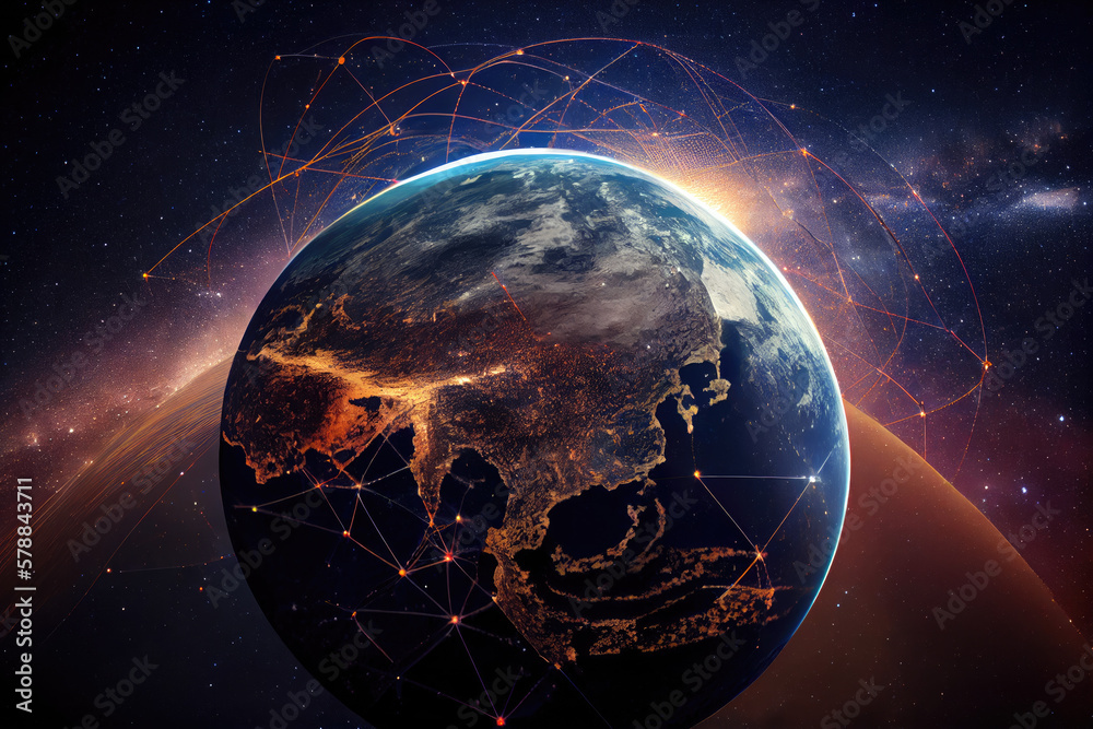 Part of earth with network line and point on the star and Milky Way ...