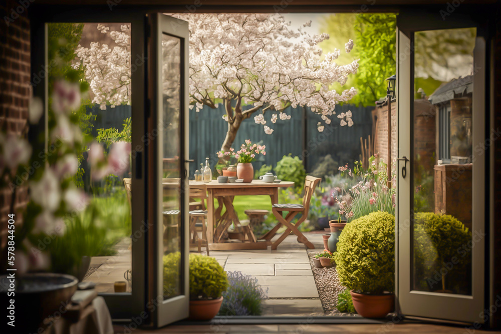 Beautiful garden and patio outdoor in springtime, spring, generative ai ...