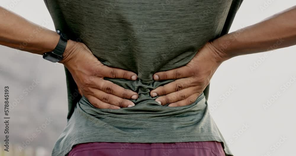 Stockvideo Rear view, closeup and back pain by man outdoors for fitness ...