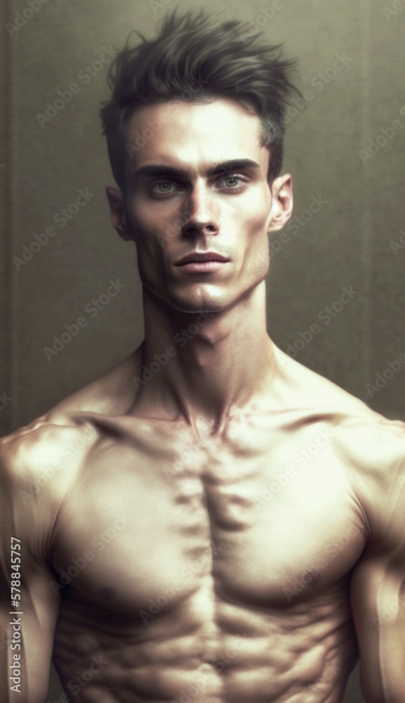Young skinny guy, fitness model, with a strong jaw and pronounced ...