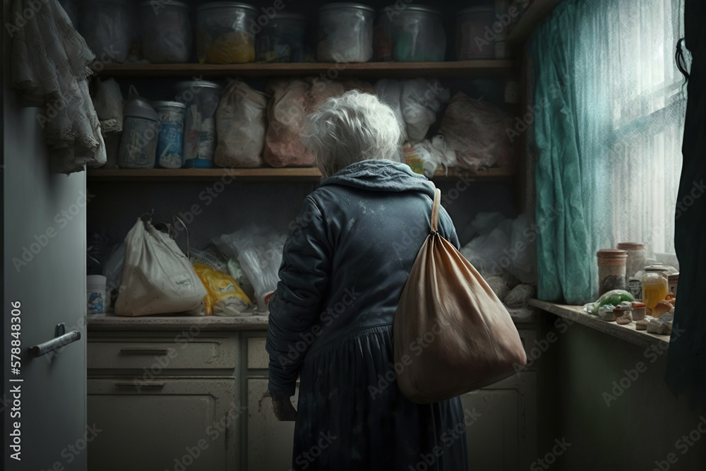 Old woman with garbage bags in her hands looks at her dirty room ...