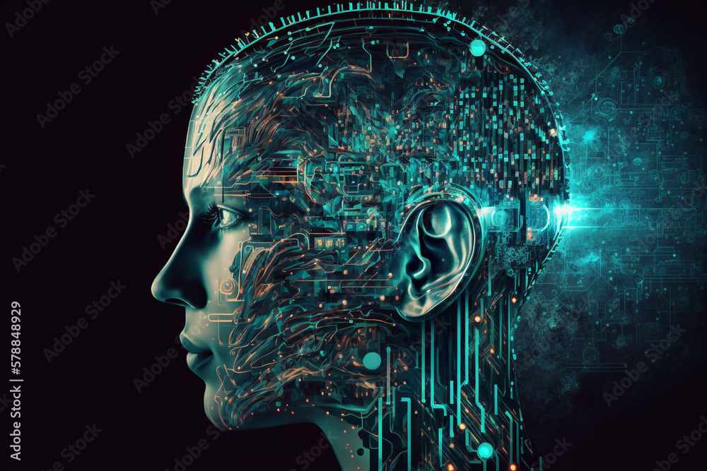 Futuristic android or AI cyborg robot digital intelligence concept ...
