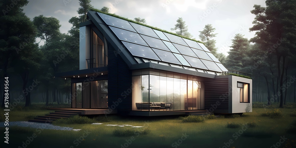 Residential house with photovoltaic solar pannels in the middle of ...