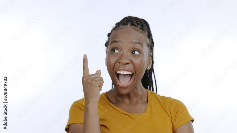 Thinking, solution and ideas of happy woman in studio, background and ...