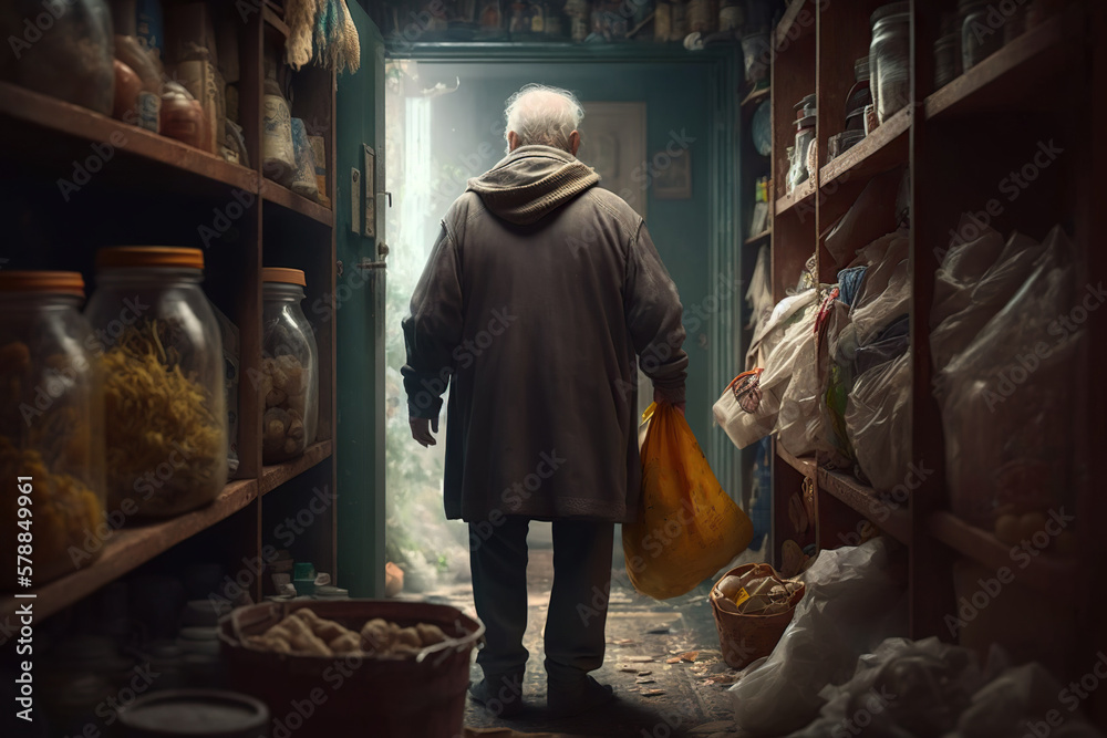 Old man with garbage bags in his hands looks at his room, concept of ...
