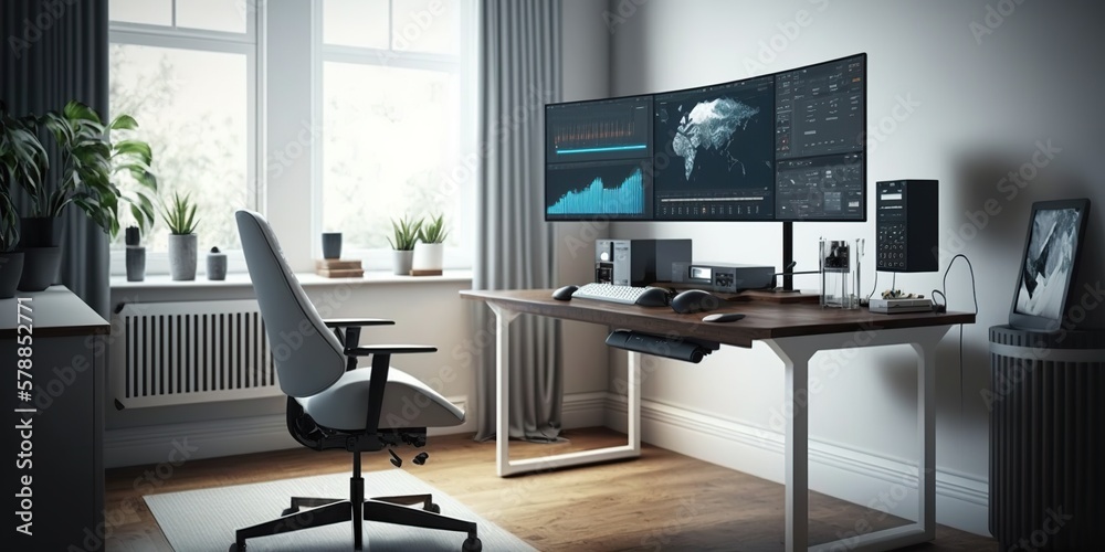 Home office with smart desk adjusting its height and position based on ...