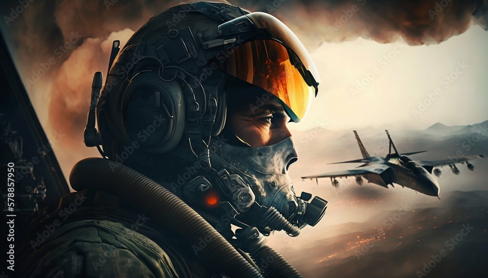 Pilot soldier in helmet in cockpit fighter plane, war. Generative AI ...