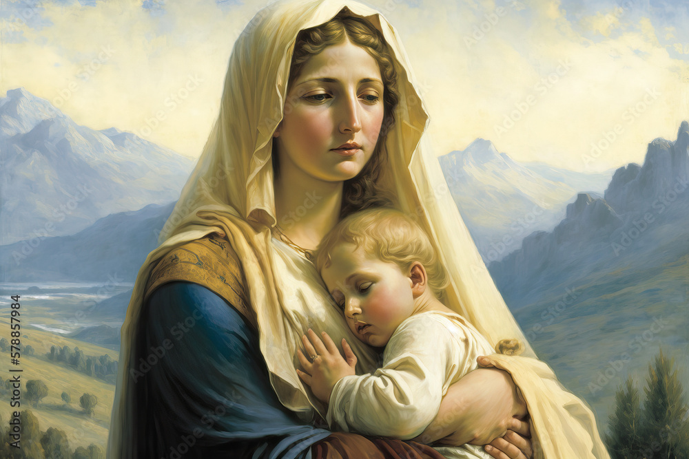 Soothing portrayal of Mary holding the Child Jesus in stained glass ...