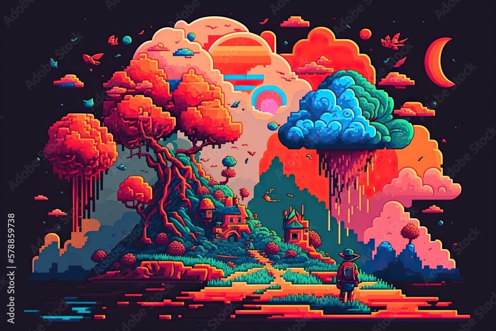 Colorful pixel landscape, concept of Pixel Art and Mosaic Art, created ...