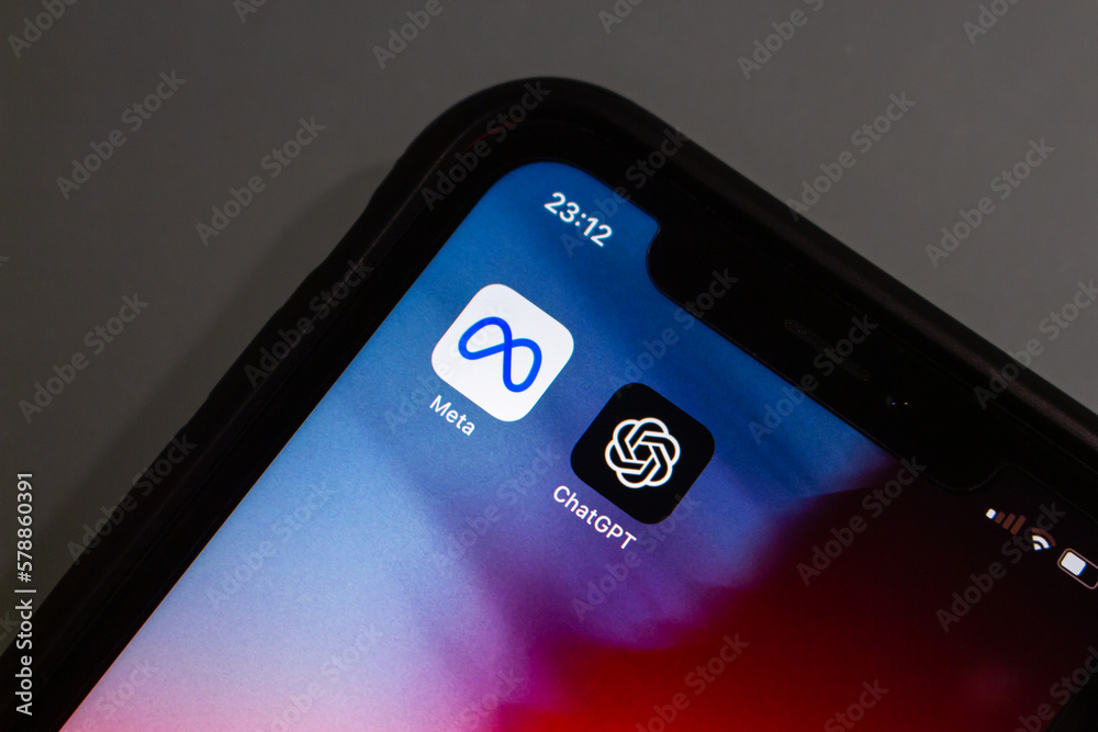 Vancouver, CANADA - Feb 27 2023 : Meta Platforms, Inc. and ChatGPT icons seen in an iPhone. Meta ...