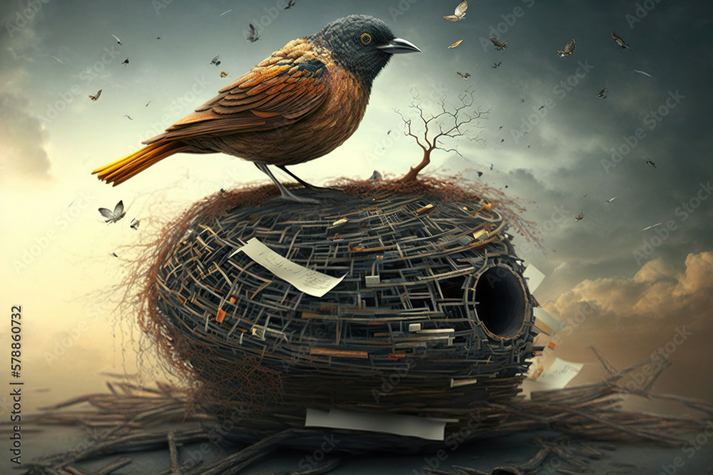 Bird as architect designs a nest, concept of Adaptability and ...