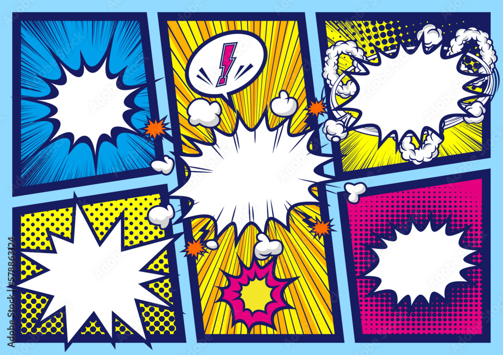 Comic book page template with empty speech bubbles and rays. Vector ...