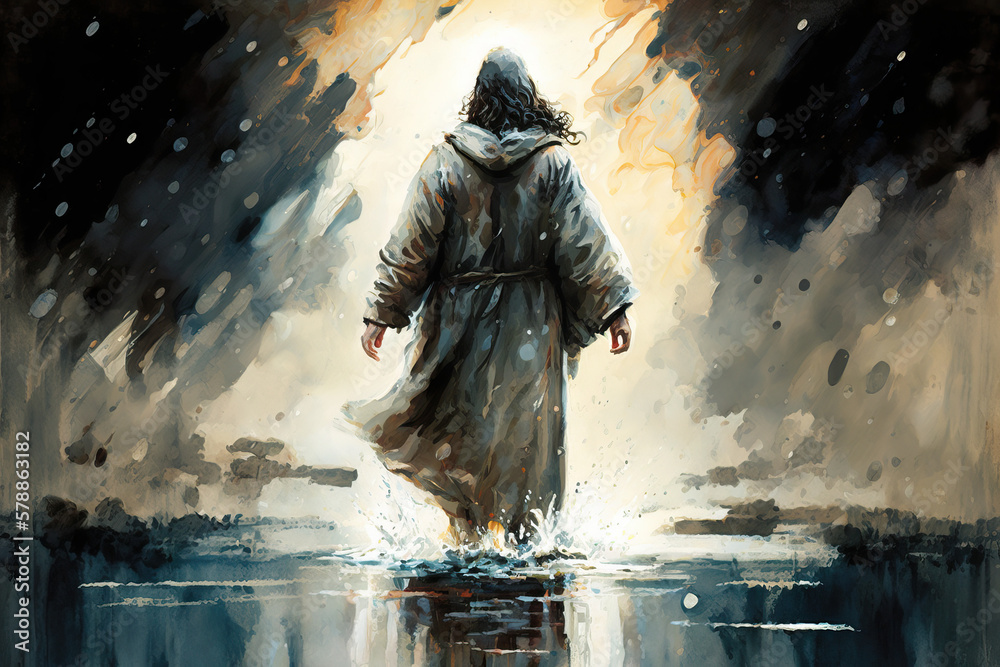 Mysterious Jesus emerging from watery abyss in moody atmosphere ...
