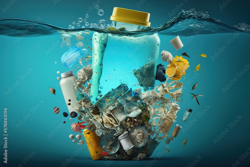 Plastic trash underwater polluting ecosystems. Sea, ocean and rivers ...