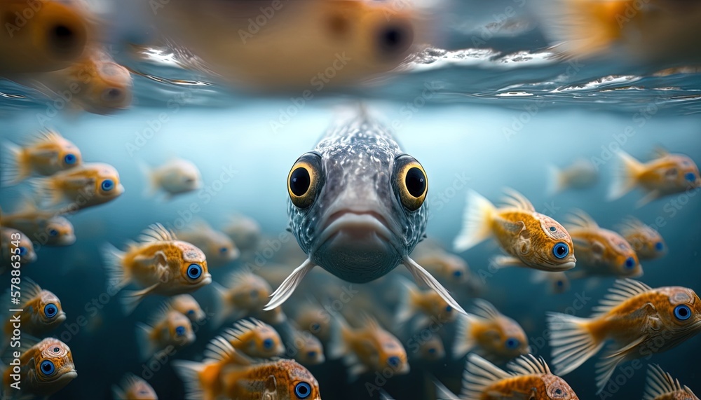 Sad scared little fish in group of others. Concept AI generative ...