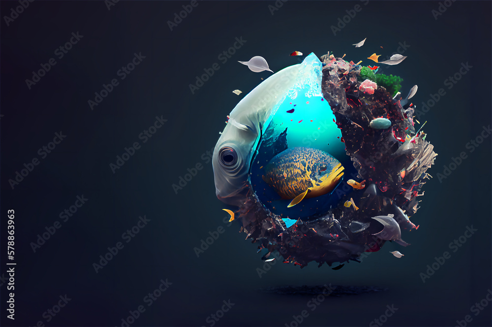 Plastic pollution trash underwater sea with different kinds of garbage ...