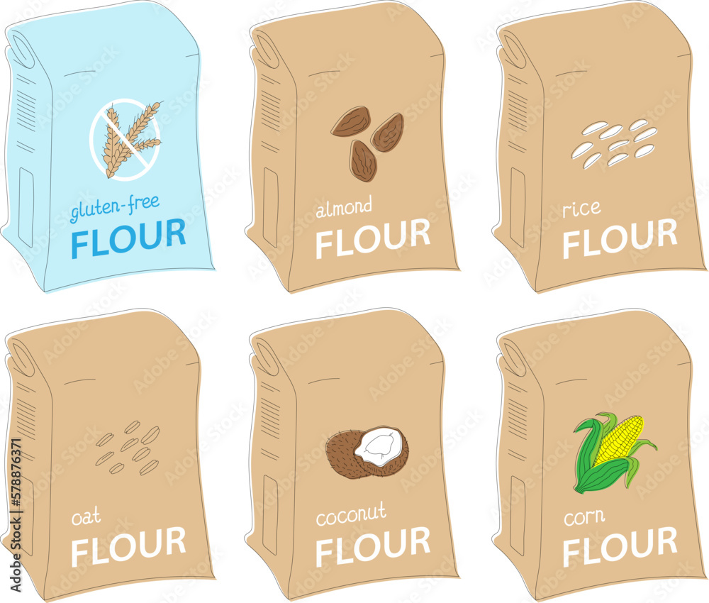 Six isolated hand-drawn illustrations of flour bags. Various gluten ...