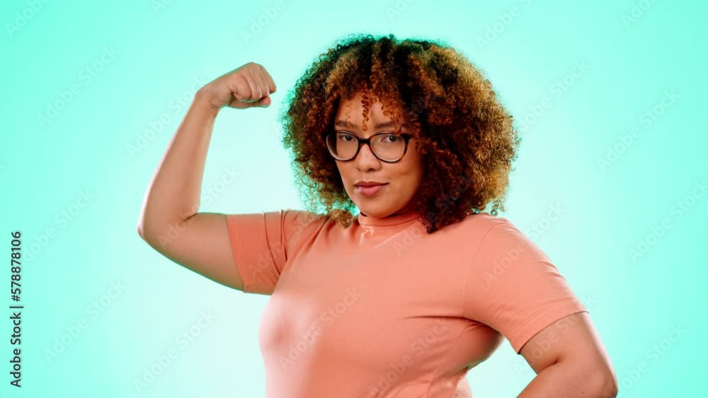 Face, black woman and flex for power, winning and leadership against a ...