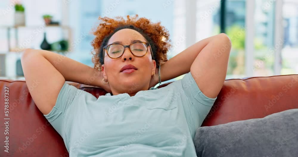 Stretching, relax and smile with black woman on sofa for peace, break ...