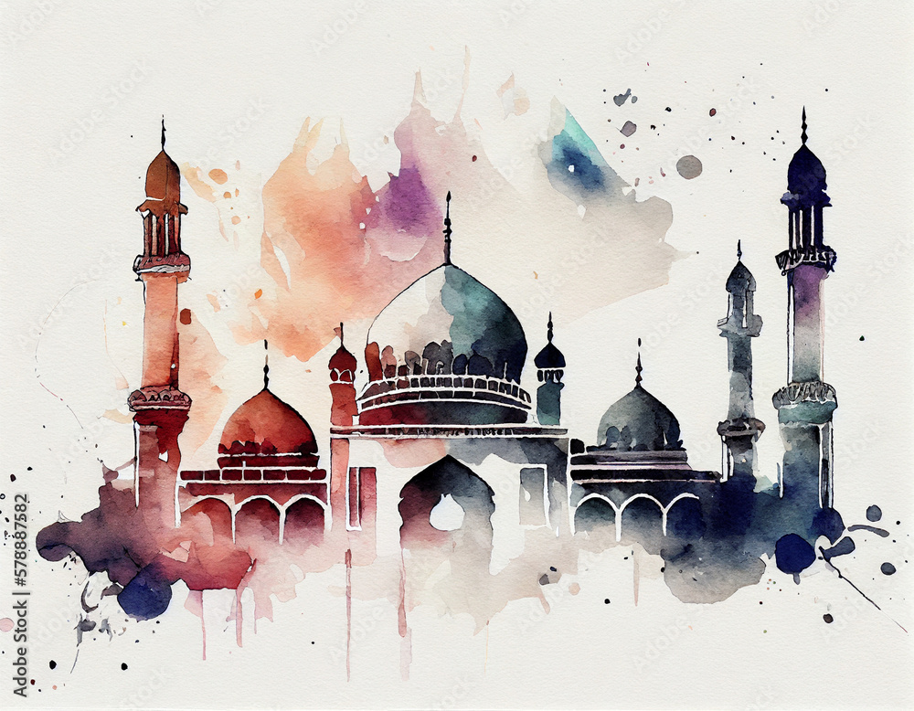 Poster Generative Ai: Beautiful mosque with watercolor style for ...