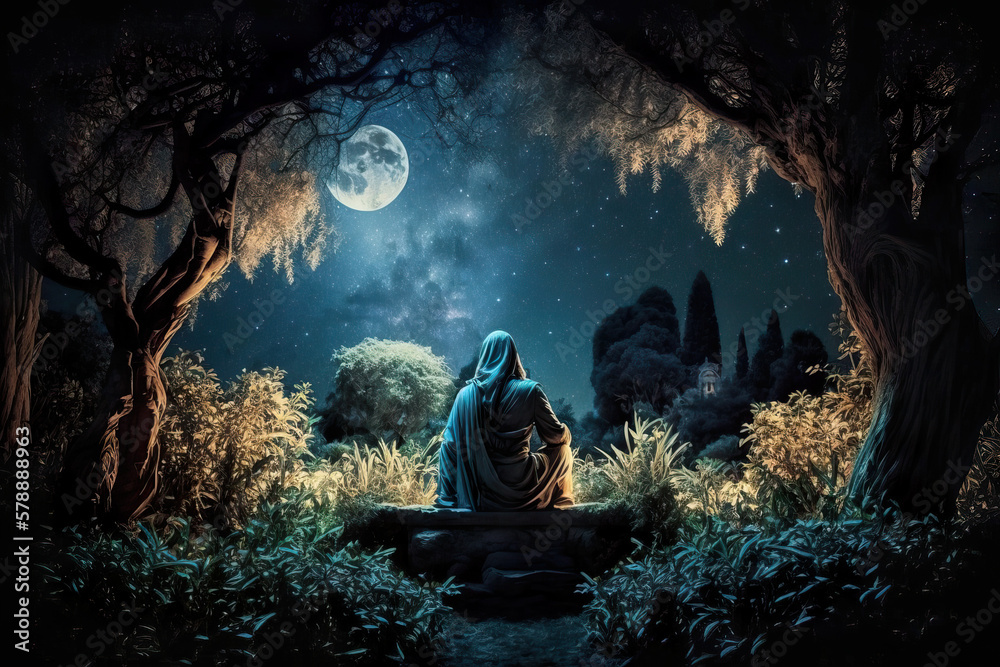 "Jesus Praying Under Starry Night Sky in Gethsemane Garden" Generative ...