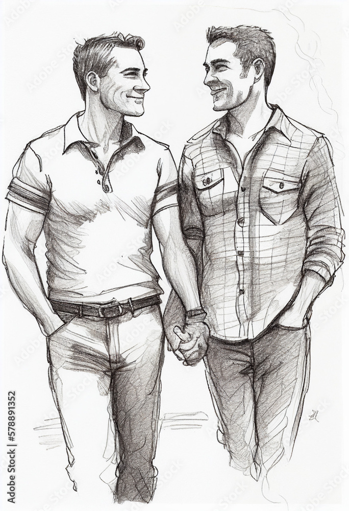 sketch of happy smiling gay couple holding hands, pride & proud, lgbt ...