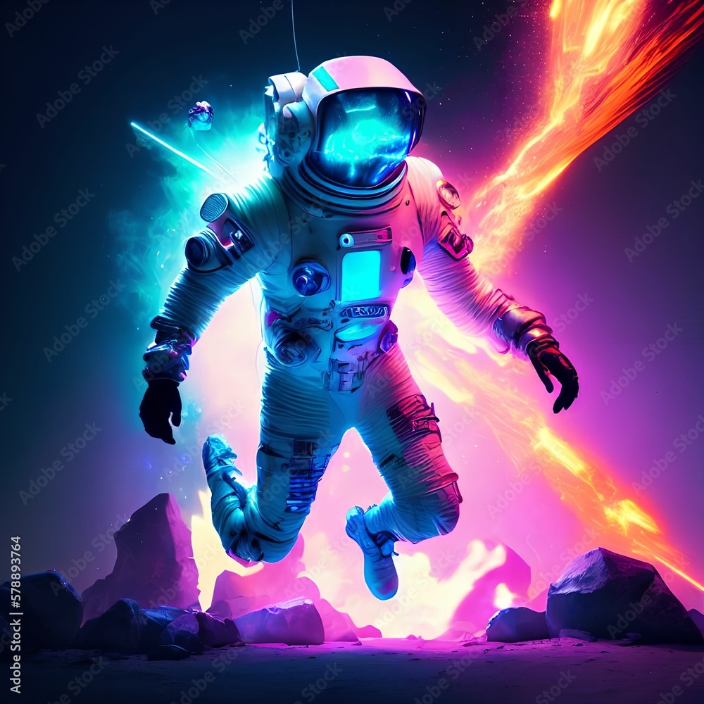 futuristic sci-fi full body future astronaut with suit running action ...