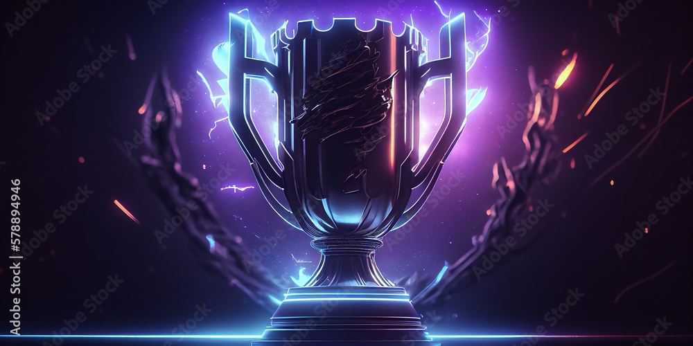 Winner trophy on futuristic view of night sky filled with advanced ...