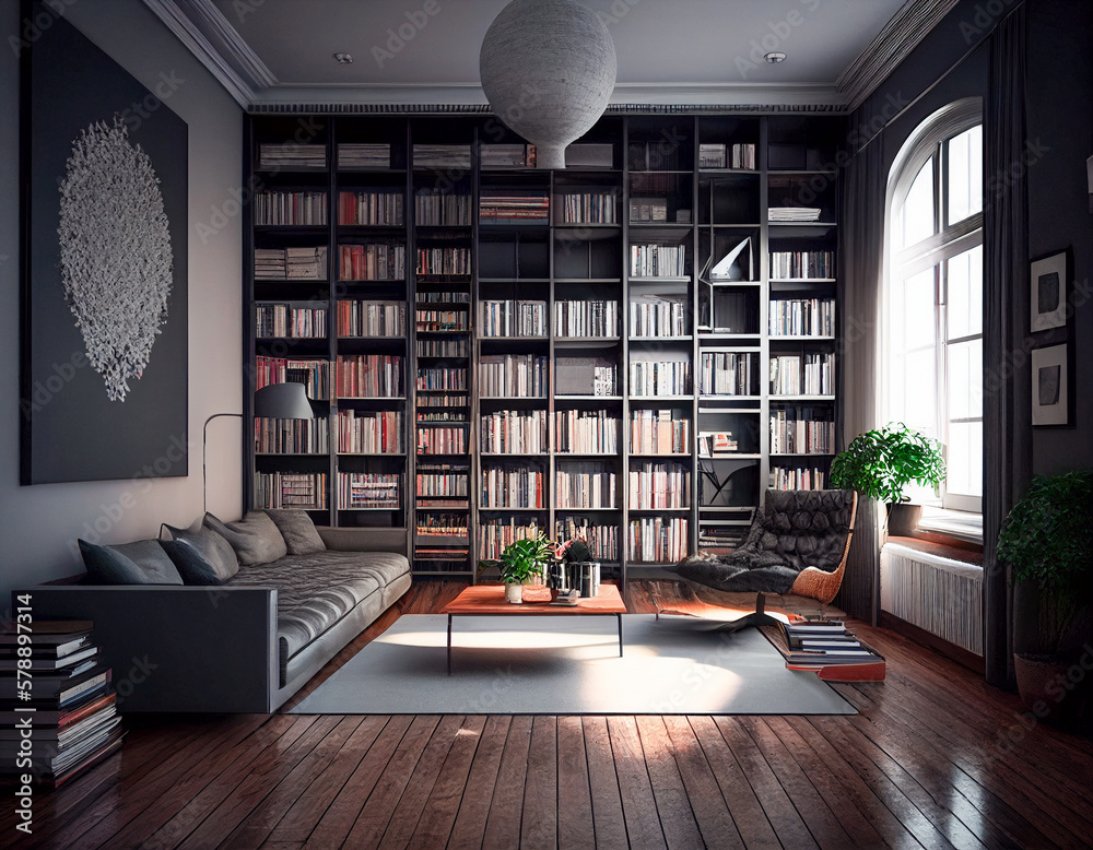 A Modern and Contemporary Home Library with Windows | Generative AI ...