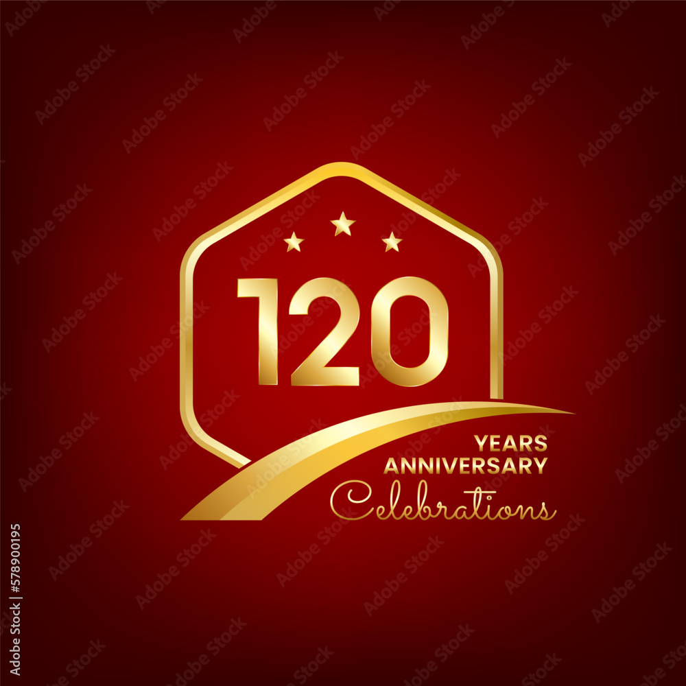 120 years anniversary inside of gold hexagon and curve with red ...