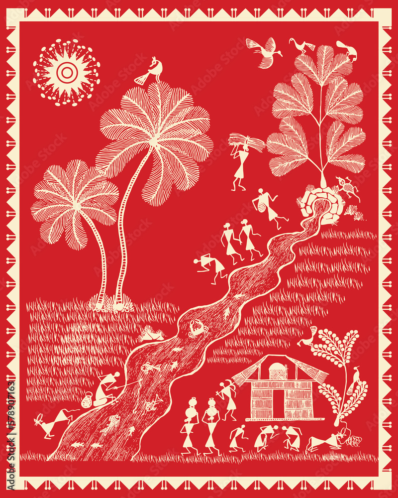 Warli painting showing indian rural area, River, trees, birds. Modern ...