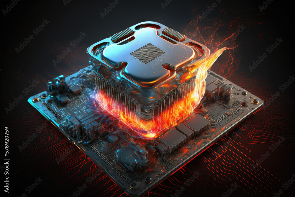 CPU microchip turbocharger with fire flame on computer motherboard ...