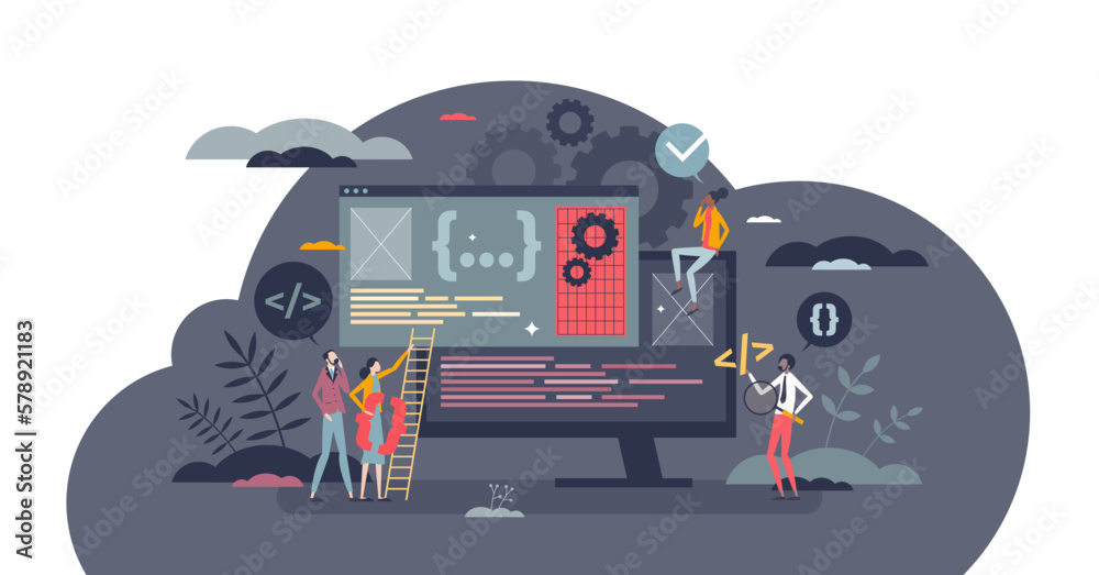 Software developer jobs and programming project teamwork tiny person concept, transparent ...