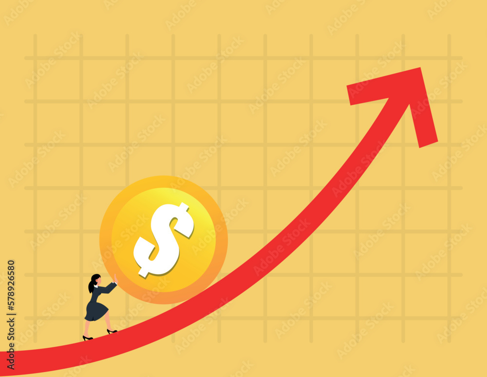 Vecteur Stock Soaring and price increase. Business woman trying hard to ...