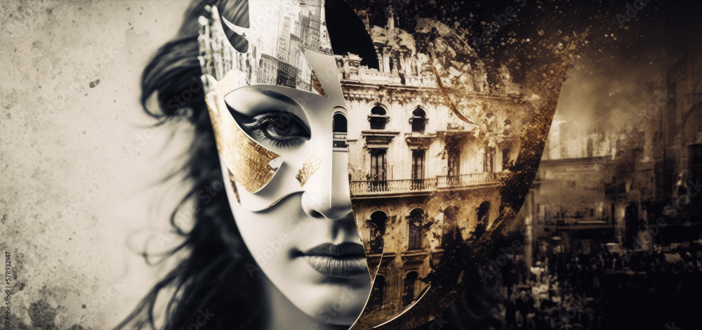 Woman wearing Venetian masquerade mask, different side of dissociative ...