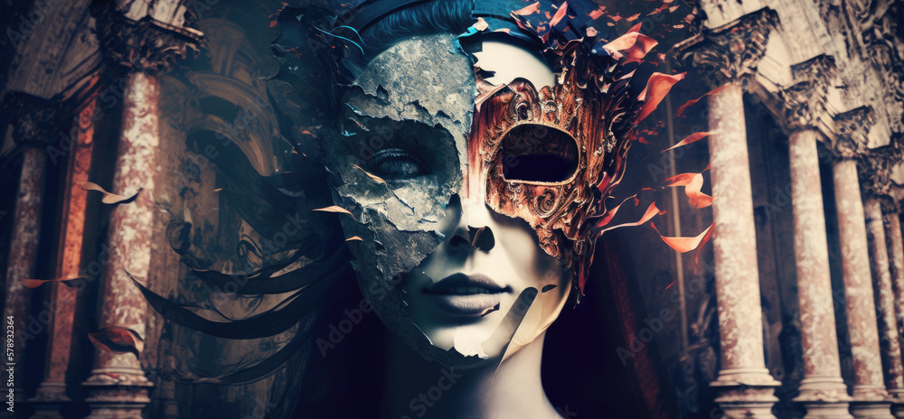 Woman wearing Venetian masquerade mask, different side of dissociative ...