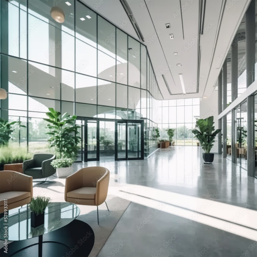 a beautiful office building lobby with sleek modern design and large ...