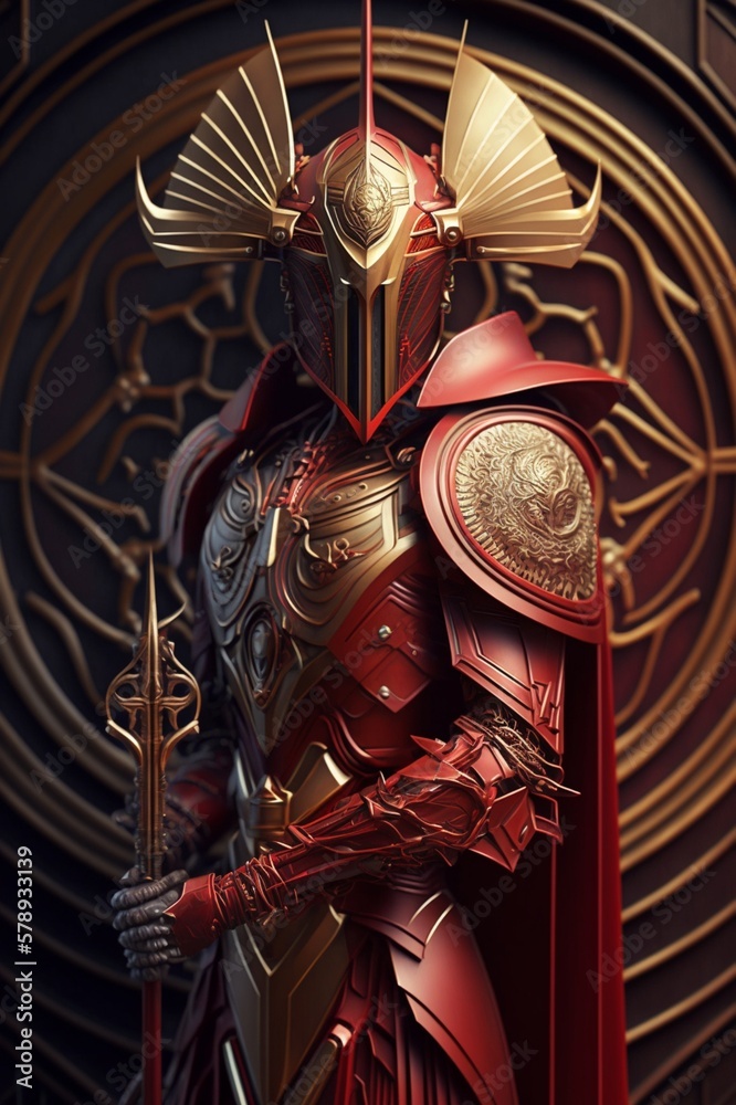 sentry of the Citadel wearing futuristic sleek scarlet gold mandala ...