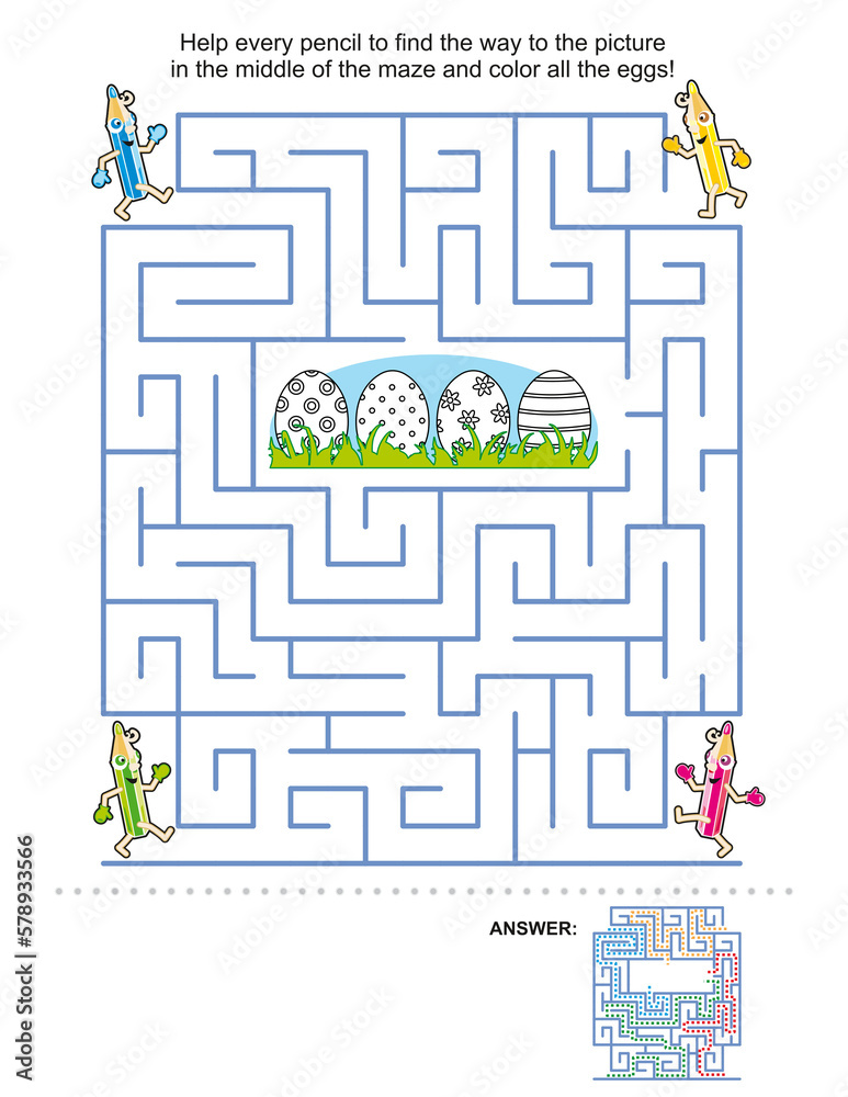 Easter maze game and coloring page for kids Stock Illustration | Adobe ...