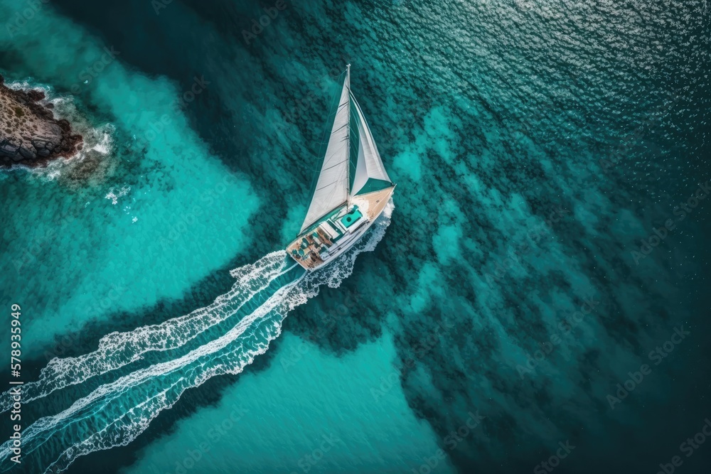 Aerial shot of a yacht gliding across the water's surface. Aerial view ...