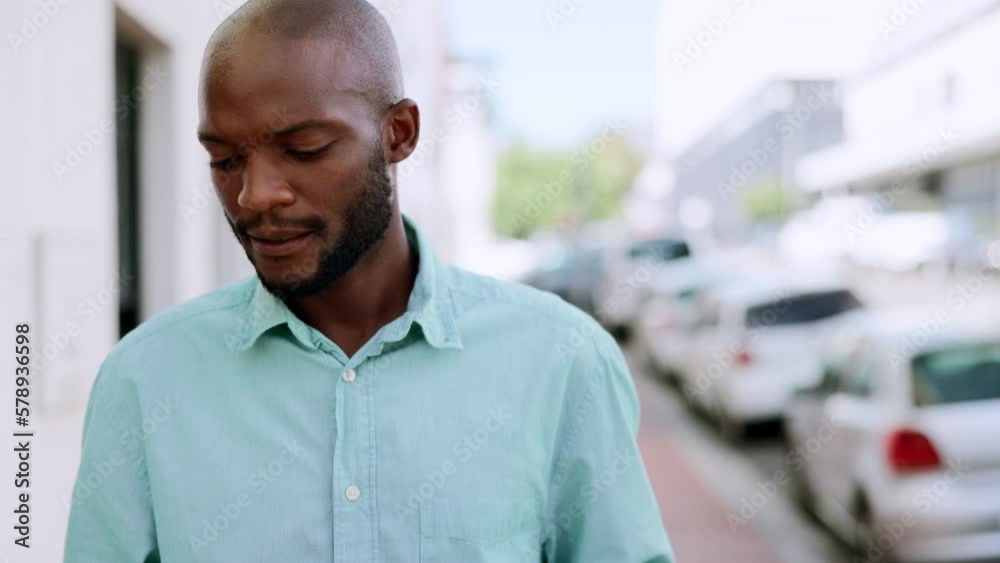 City, coffee and phone of black man walking on street for communication ...