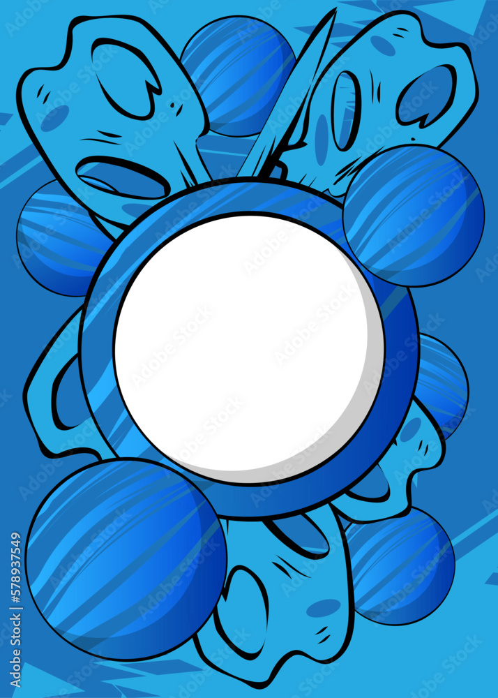 Comics Presentation with Blue abstract background. Comic book poster with blank sphere for text ...