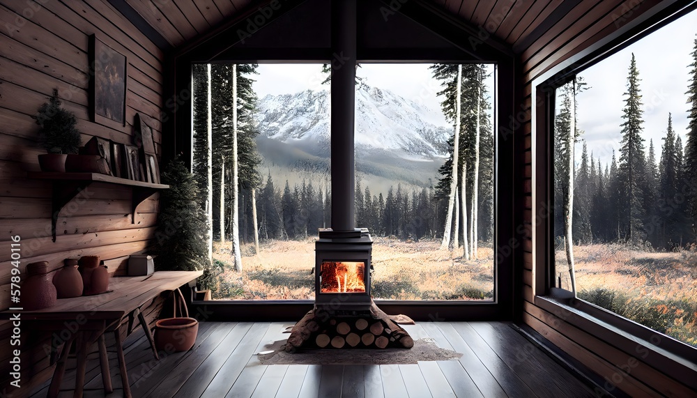 an empty space with cabin in the woods fireplace, nature woods ...