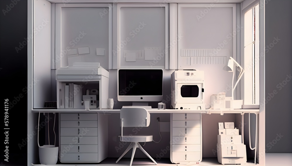 interior of a white room with a chair, window display, computer ...